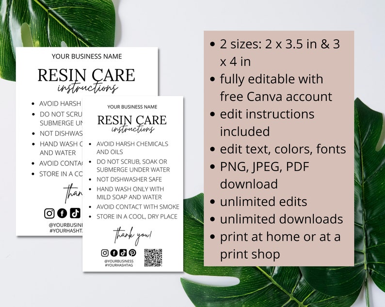 Resin Care Card Template Resin Product Care Instructions - Etsy
