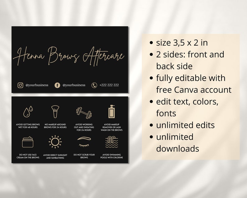 Henna Brows Aftercare Card Template, Editable Henna Brow After Care ...