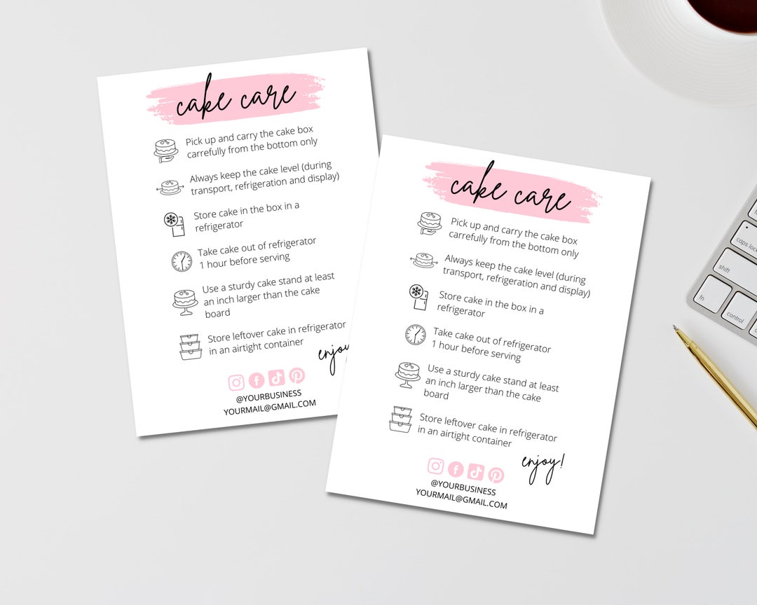 Cake Care Card Template, Cake Care Instructions, Editable Printable ...