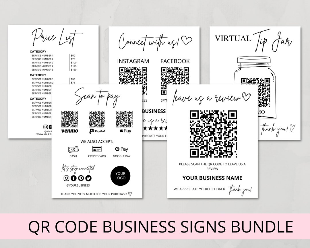 QR Code Sign Small Business Bundle, Printable Scan to Pay Sign Template ...