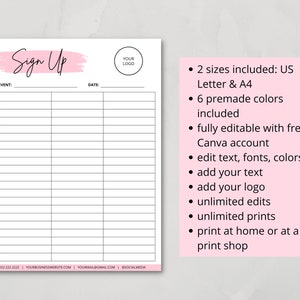 Editable Sign up Sheet Template, Printable Sign up Template, Sign up ...