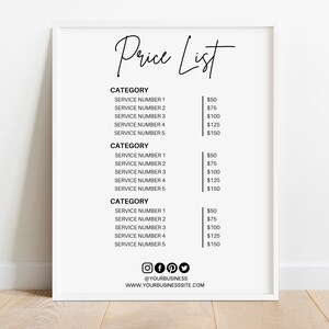 Minimalist Printable & Electronic Price List Template, Salon Price List ...