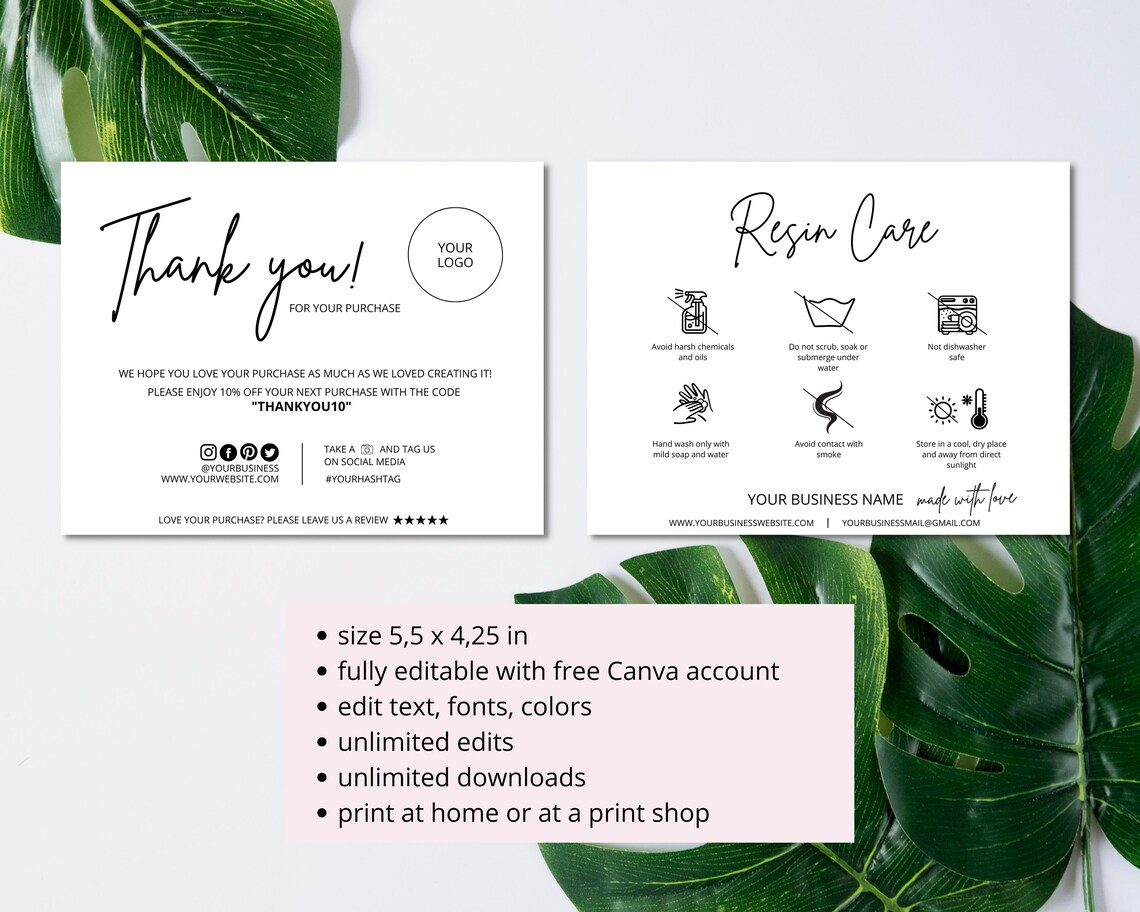 Resin Care Card Template, Thank You Card Template, Resin Product Care ...