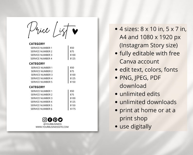 Printable & Electronic Price List Template Salon Price List - Etsy