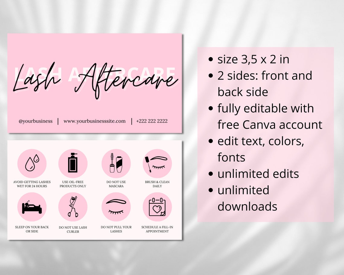 Pink Lash Aftercare Card Template, Printable Eyelash Care Cards ...
