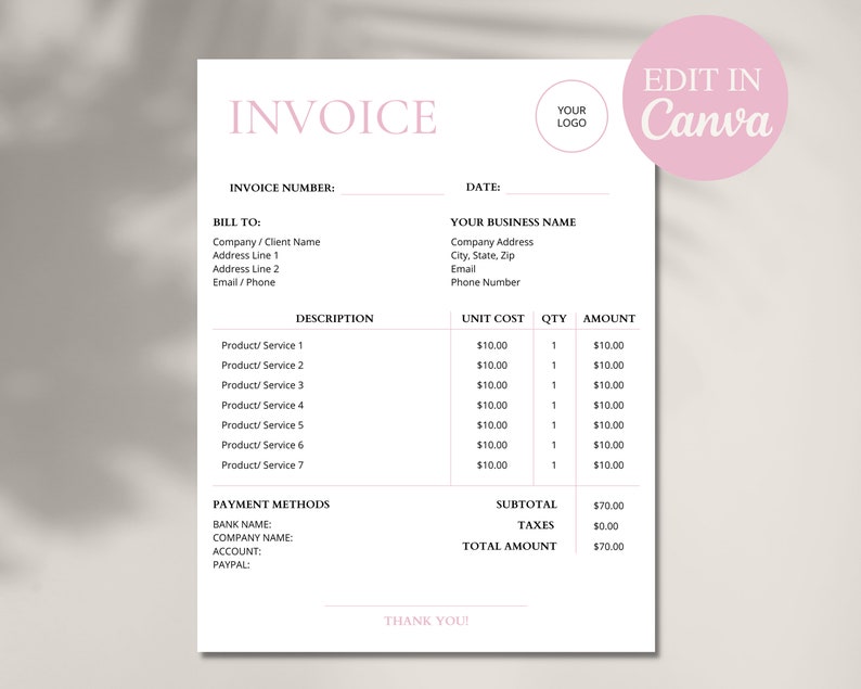 Editable Invoice Template, Printable Invoice Form, Small Business ...