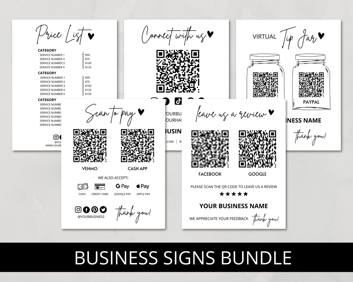 Small Business Signs Bundle QR Code Sign Template Printable - Etsy