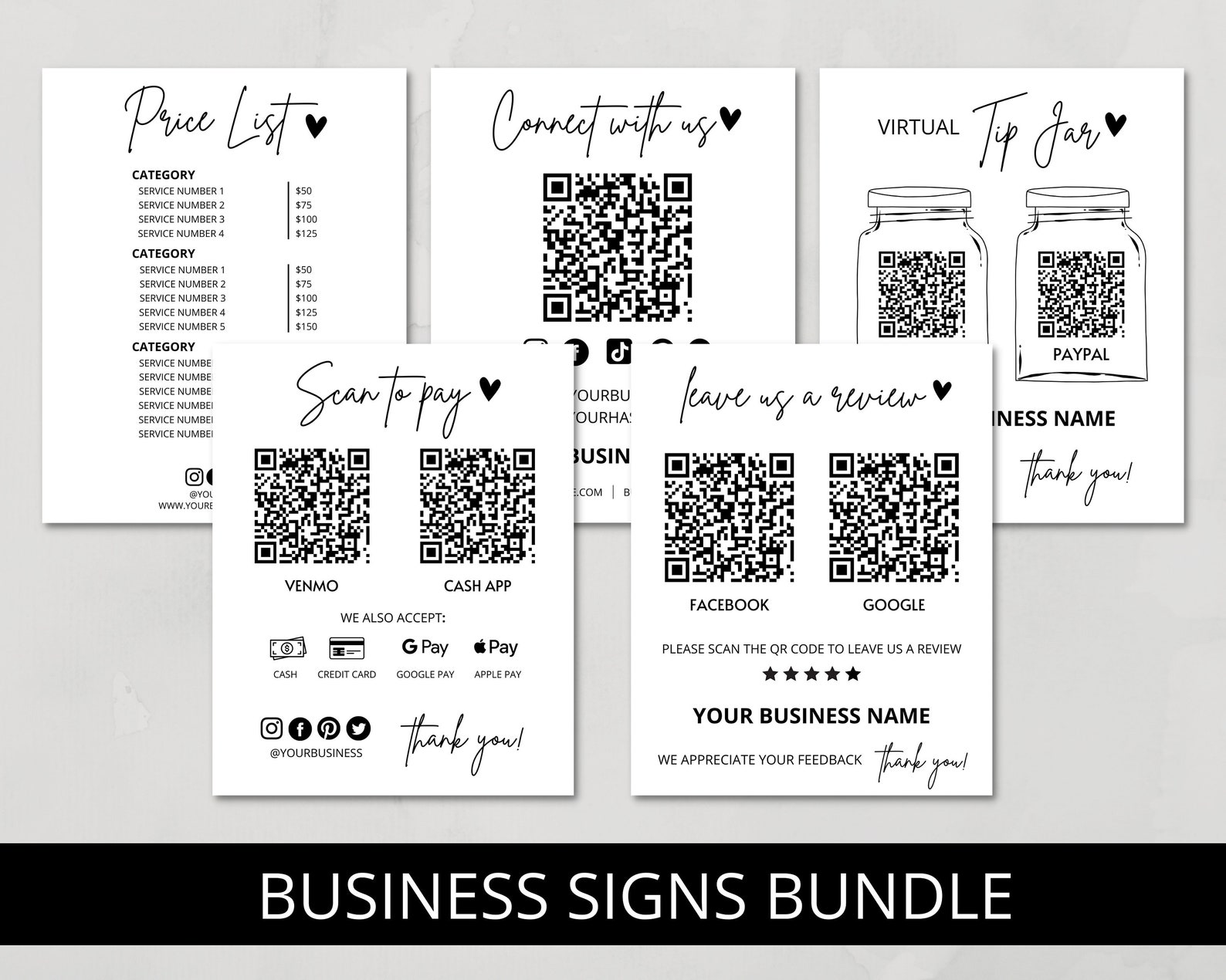 Small Business Signs Bundle QR Code Sign Template Printable - Etsy