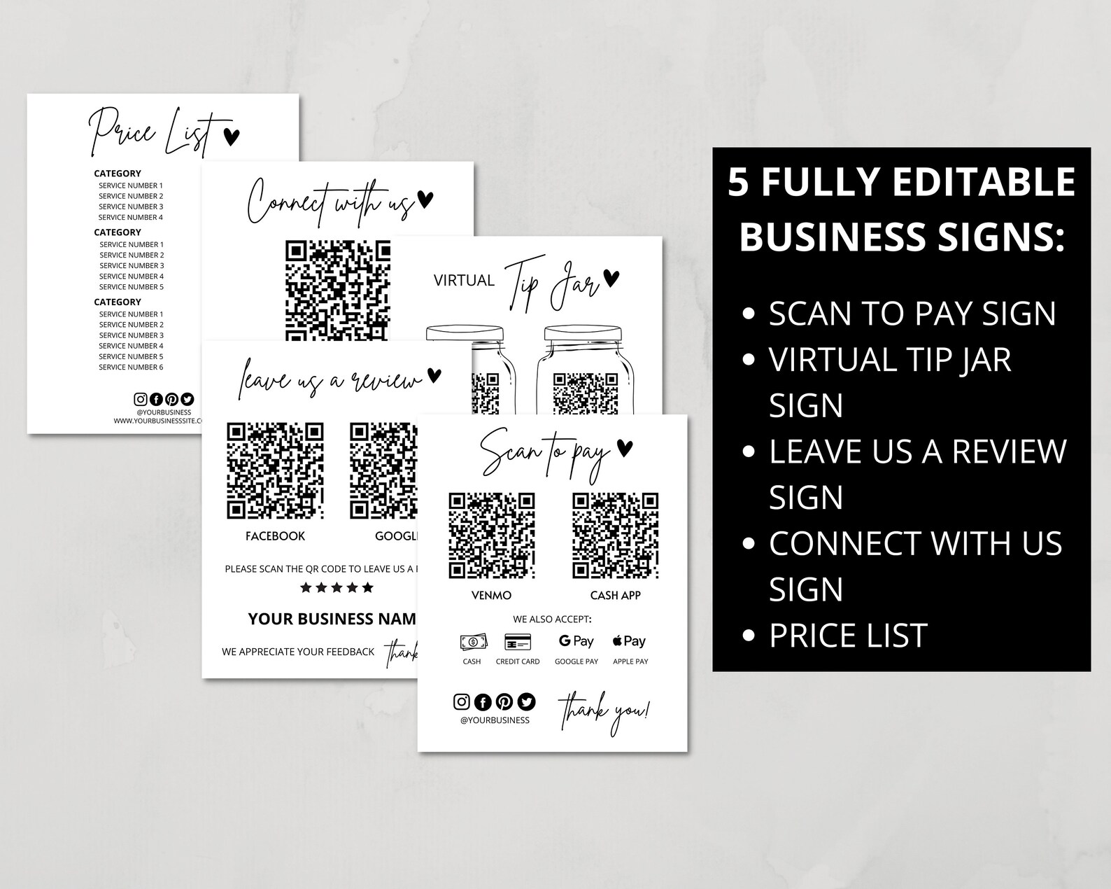 Small Business Signs Bundle QR Code Sign Template Printable - Etsy