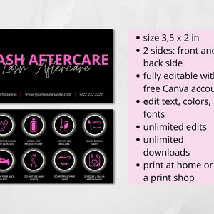 Lash Aftercare Card Template, Printable Eyelash Care Cards, Editable ...