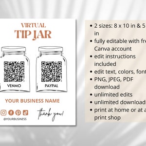 Virtual Tip Jar Sign Template, QR Code Sign Template, Venmo Payment Sign, Printable Tip Sign ...