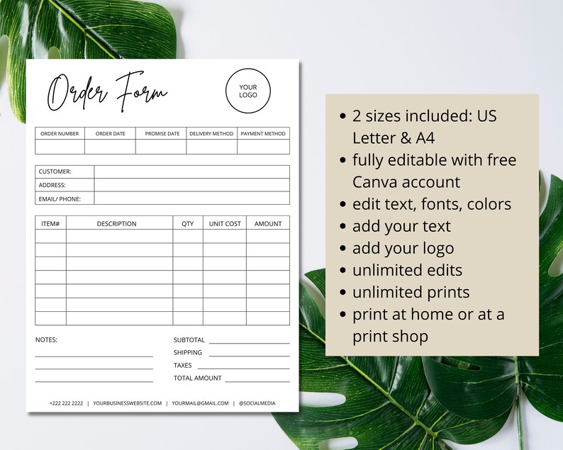 Editable Order Form Template Printable Small Business Order - Etsy