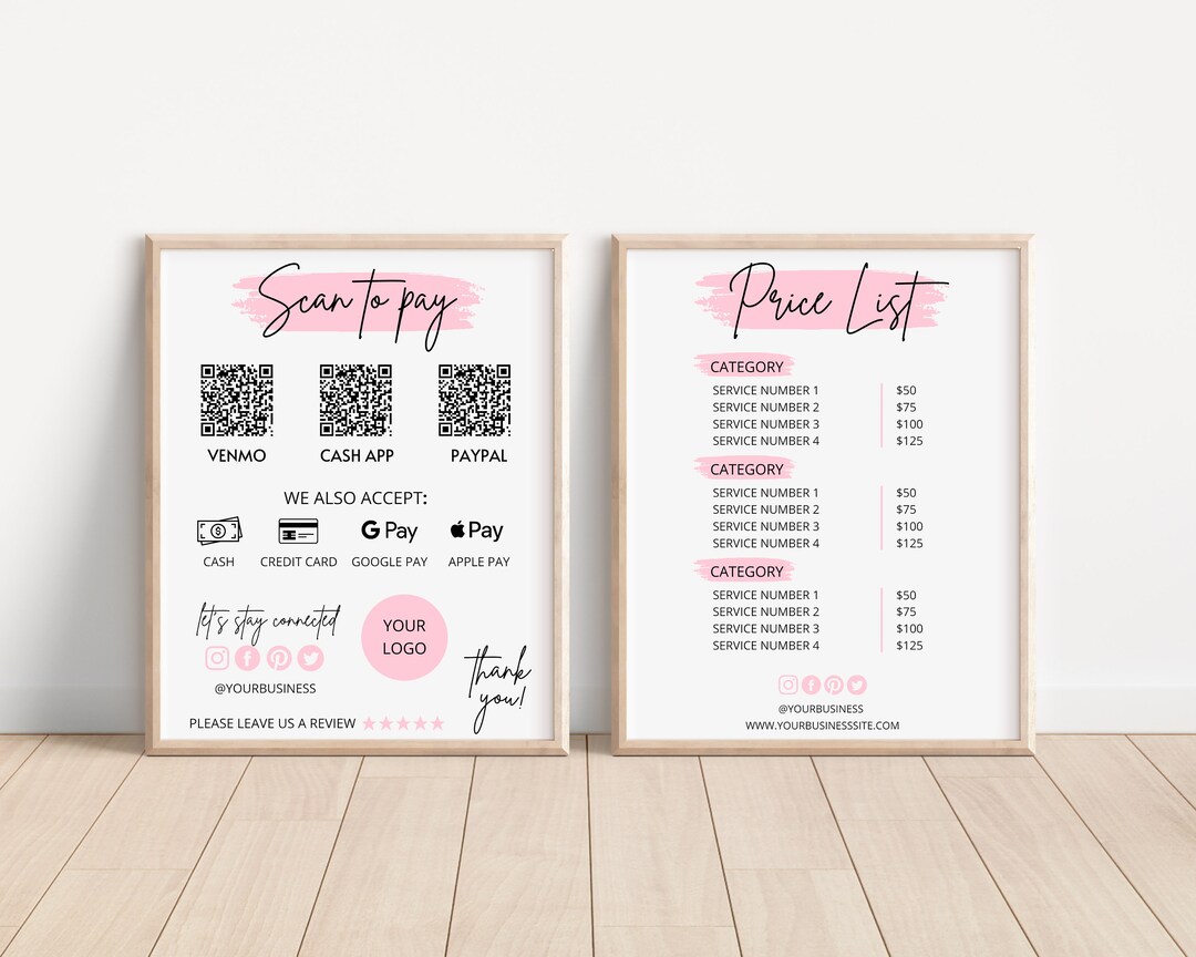 Payment Sign & Price List Template Bundle, QR Code Sign Template ...