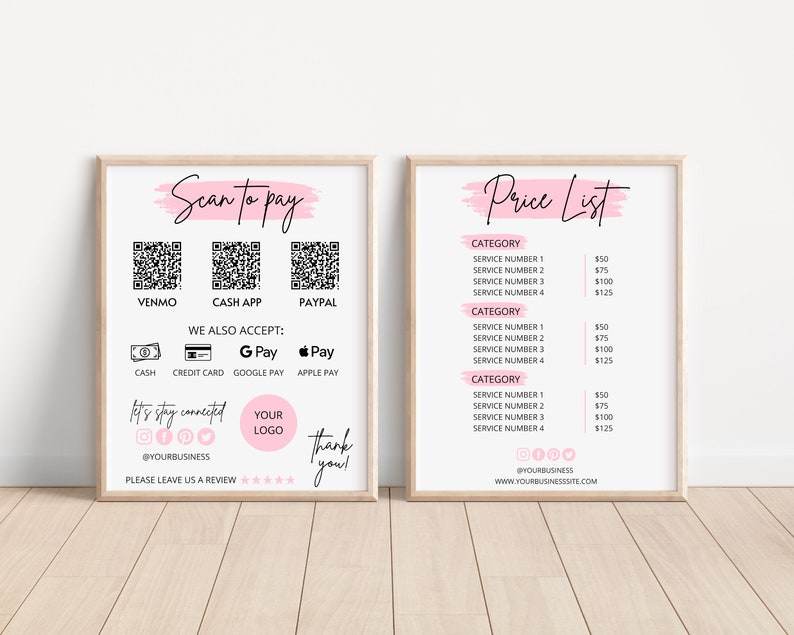 Payment Sign & Price List Template Bundle QR Code Sign - Etsy