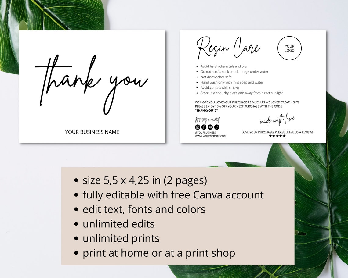 Resin Care Card Template, Thank You Card Template, Resin Product Care ...