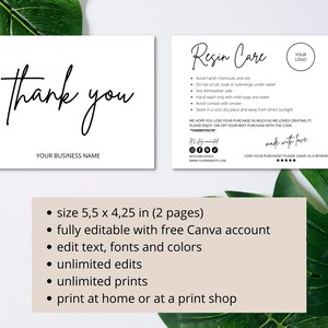 Resin Care Card Template, Thank You Card Template, Resin Product Care ...
