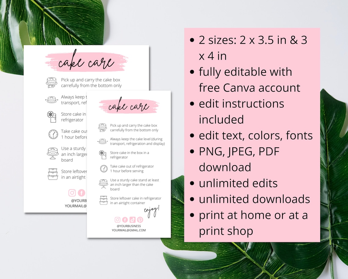 Cake Care Card Template Cake Care Instructions Editable - Etsy