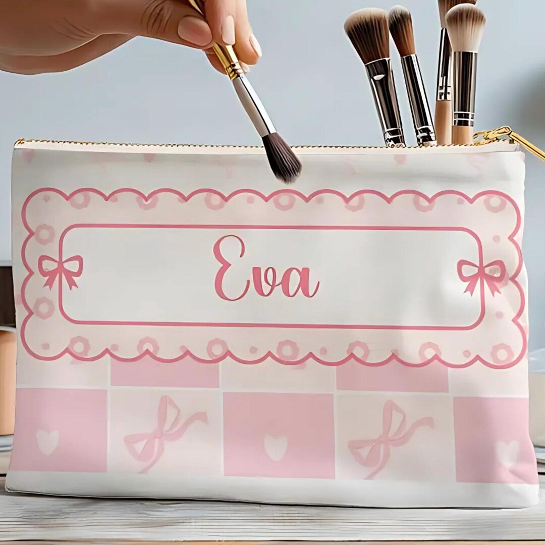 Girl Preppy Aesthetic Makeup Bag Pencil Case Personalized Pink Bow ...