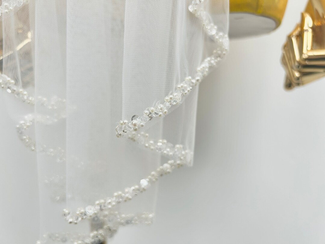 White Wedding Crystal Veil,bridal Ivory Veil, Beaded Edge Veil,pearl ...