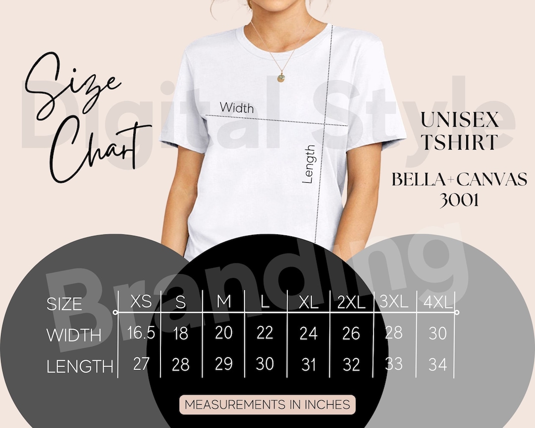 Bella Canvas Size Chart, Bella Canvas 3001, Bella Canvas Sizing, Mockup ...
