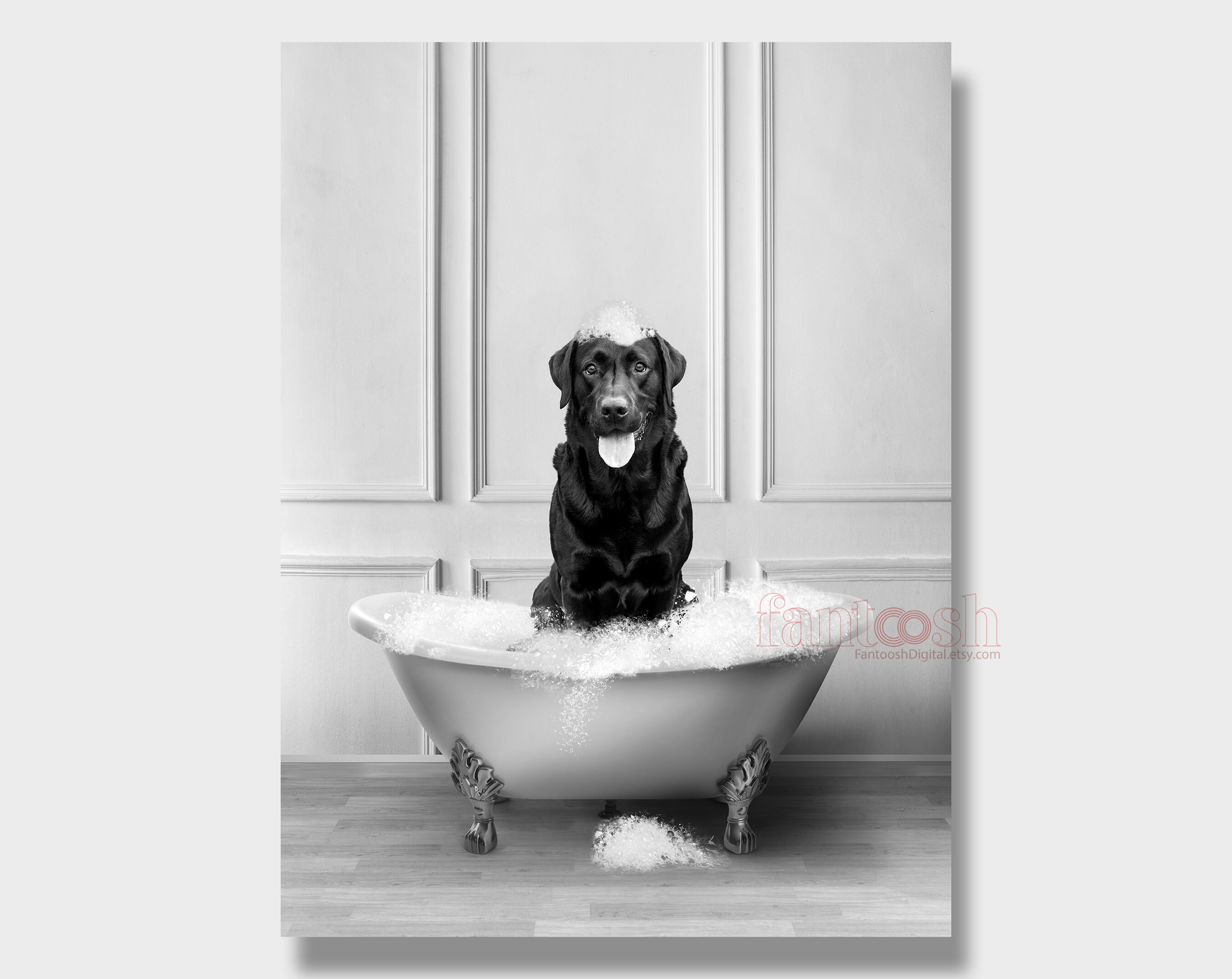 Black Labrador Digital Art Print, Black Labrador Taking Shower in Bath ...
