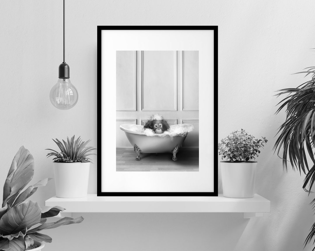 Cute Orangutan Digital Art Print, Orangutan Taking Shower in Bath Tub ...