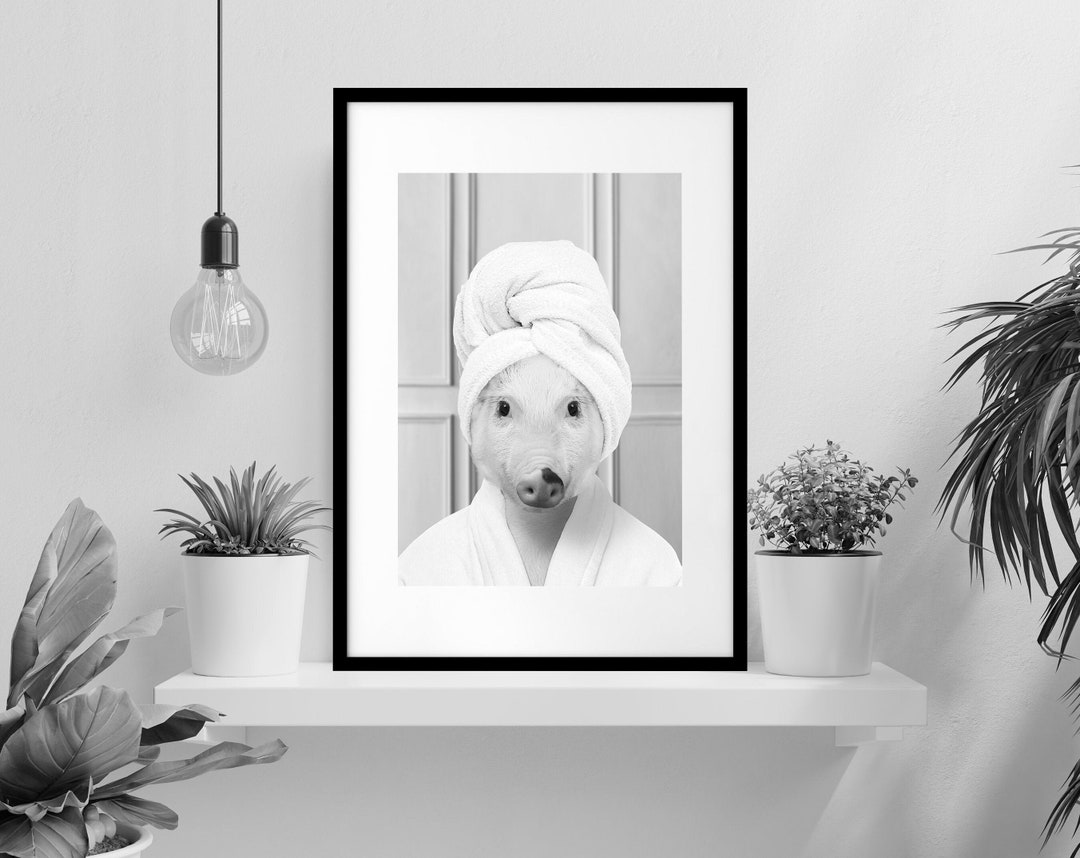 Adorable Pig Wearing Bath Robe Towel, Toddler Bathroom Art, Whimsy ...