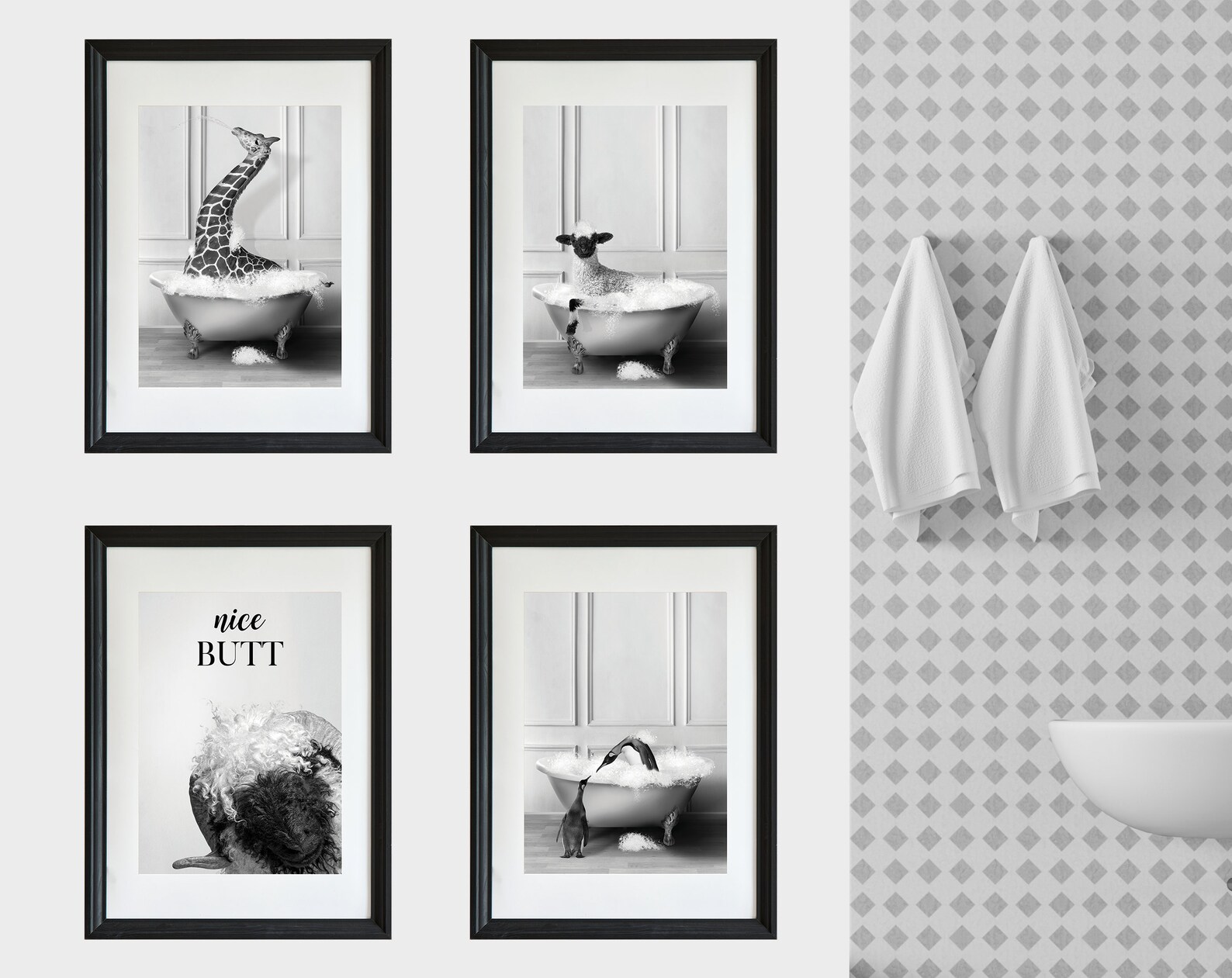 Adorable Sheep Taking Shower in Bath Tub, Toddler Bathroom Art, Whimsy ...