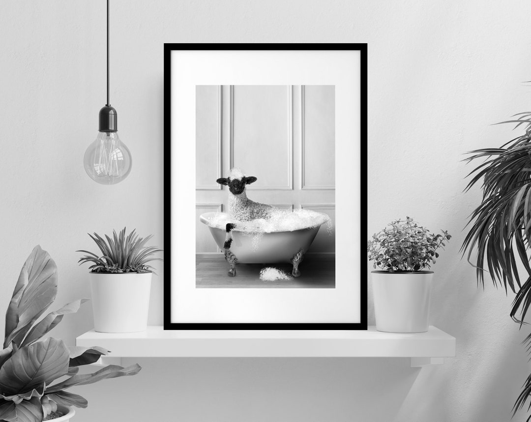 Adorable Sheep Taking Shower in Bath Tub, Toddler Bathroom Art, Whimsy ...