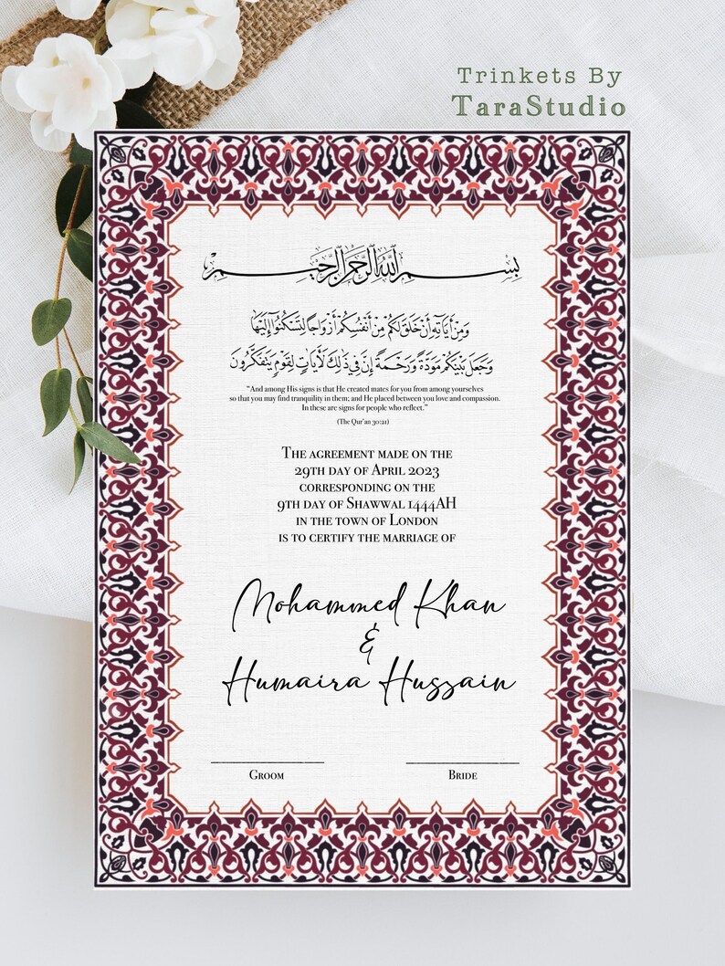 Illustrated Nikkah Certificate | A4 Luxury Hand Made Marriage Contract ...
