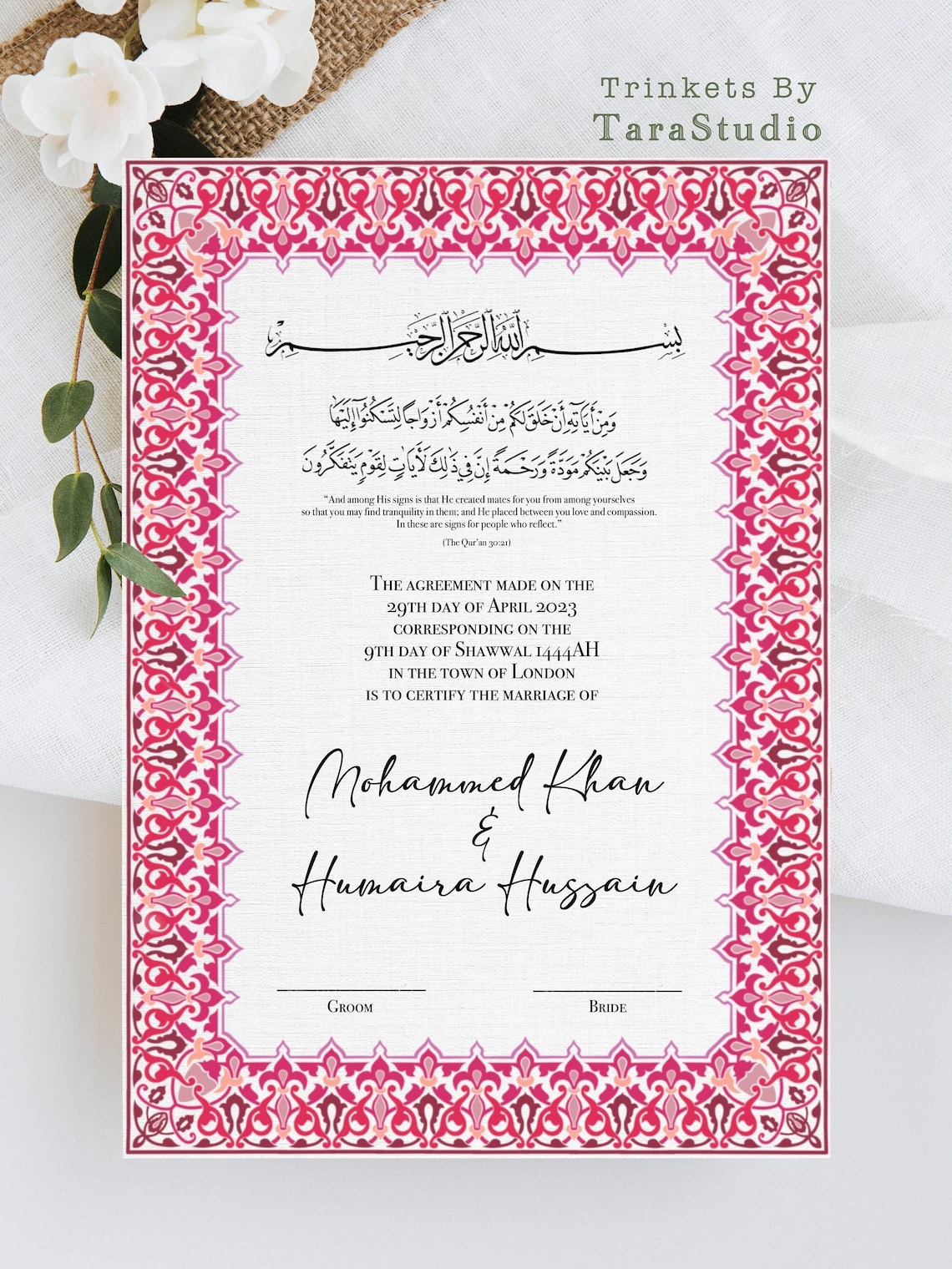 Pink Illustrated Nikkah Certificate A4 Luxury Hand Made Marriage ...