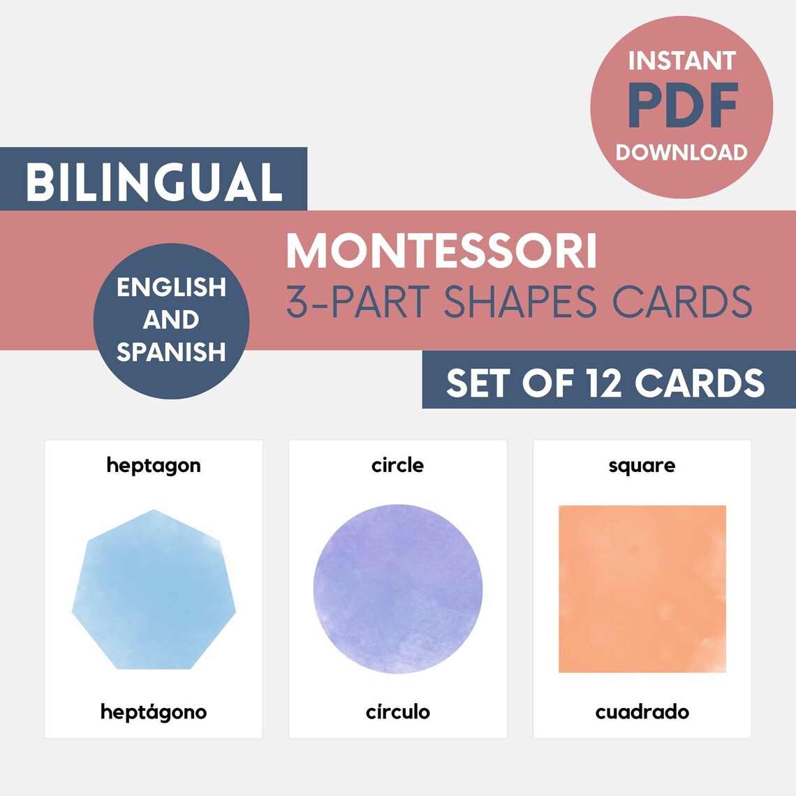 Bilingual Shapes Montessori 3 Part Card, 2D Shape Cards, Nomenclature ...