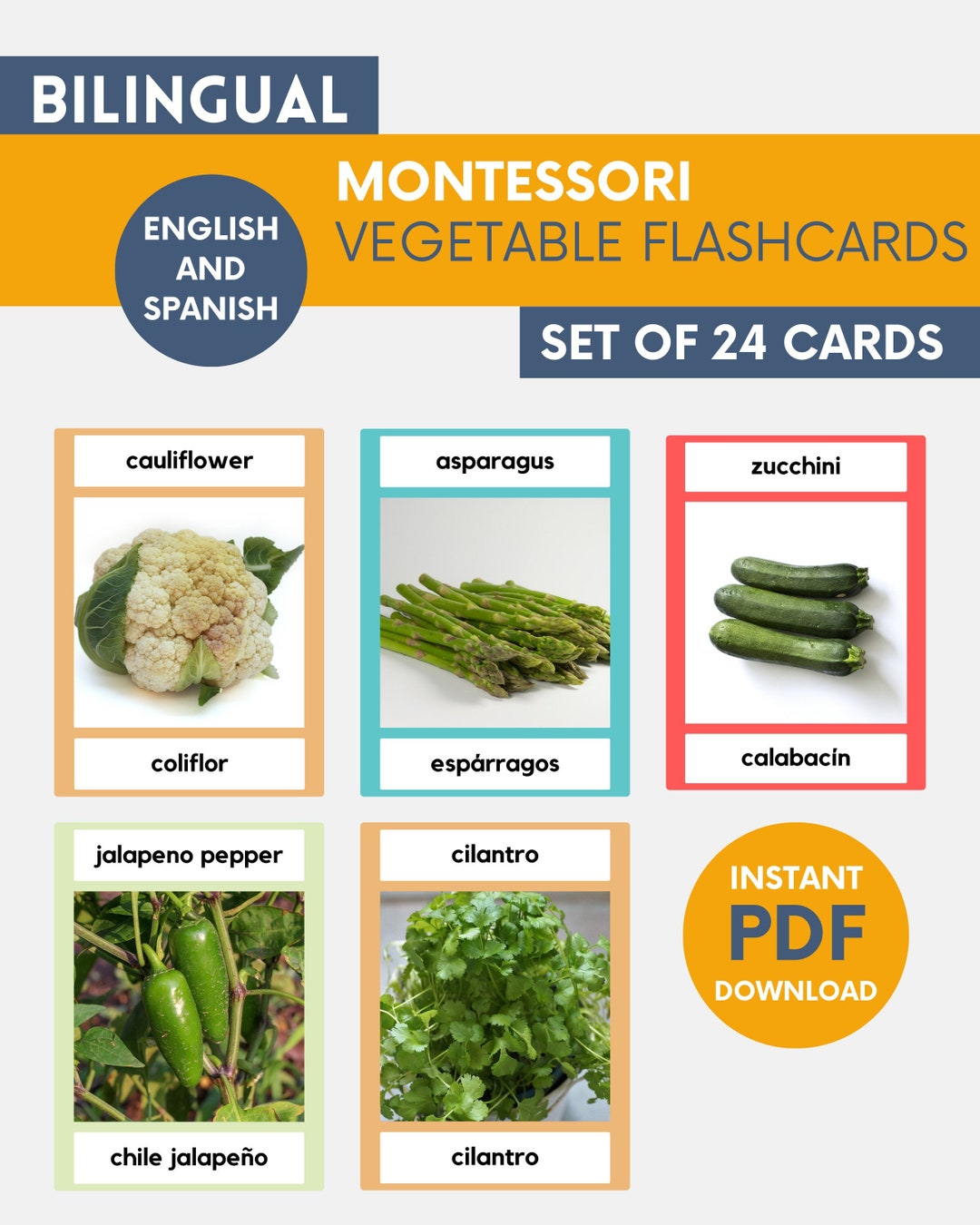 Vegetables-montessori Language Cards in English and Spanish ...