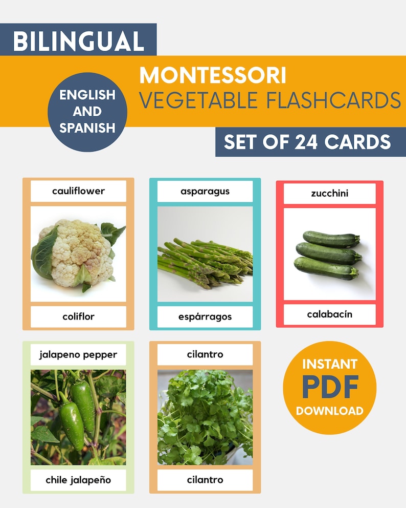 Vegetables-montessori Language Cards in English and Spanish ...