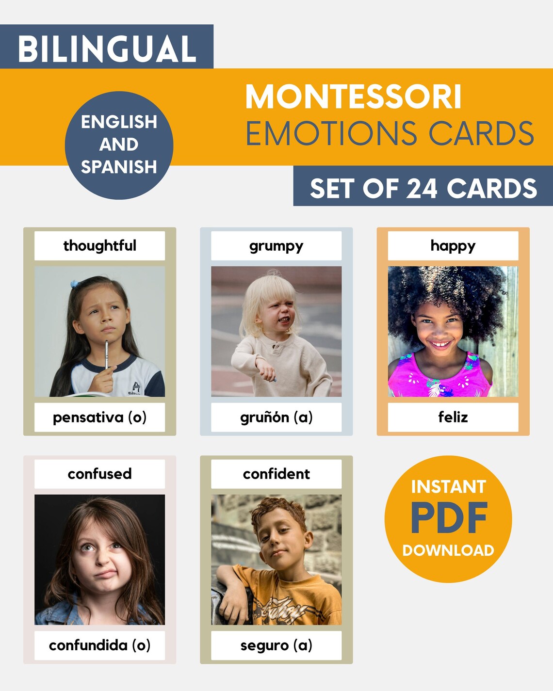 Emotions Montessori Flashcards in English and Spanish, Printable ...