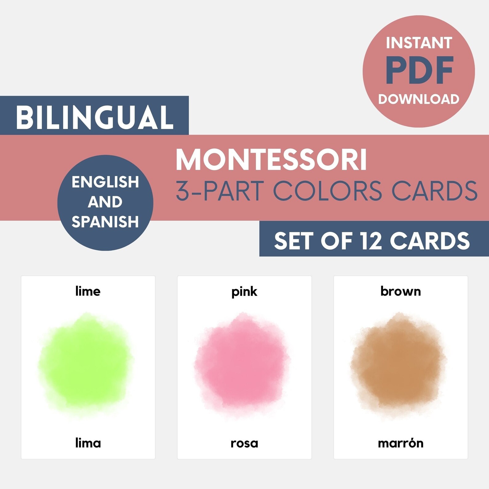 Bilingual Colors Montessori 3 Part Card, Toddler Nomenclature Cards ...