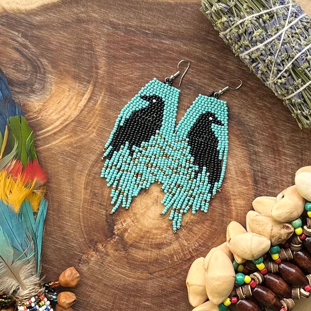 Handmade Crow Beaded Earrings Torquise & Black Crow - Etsy