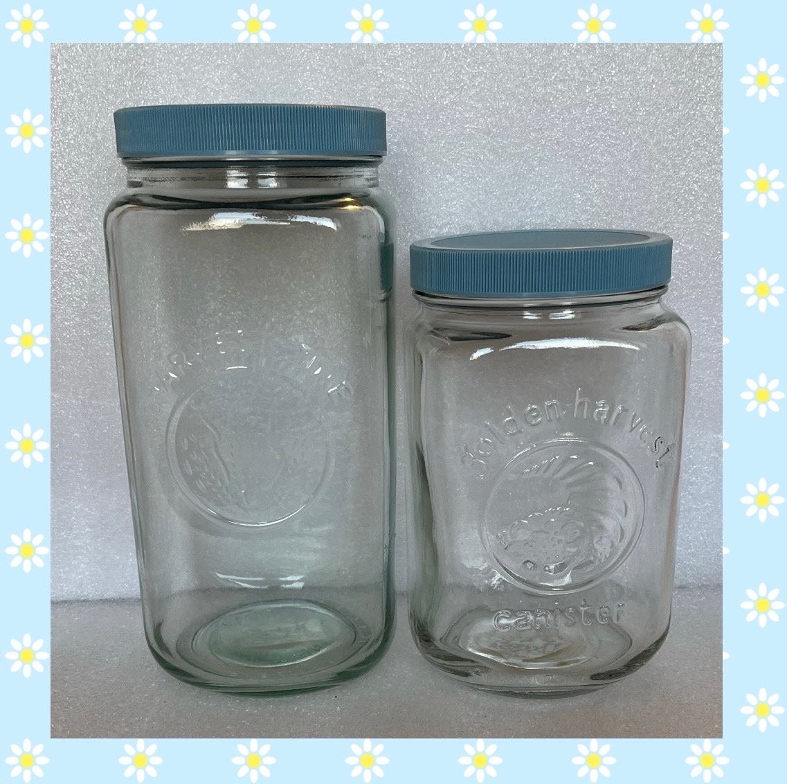 VTG Golden Harvest Glass Storage Containers Blue Lids Set Glass ...