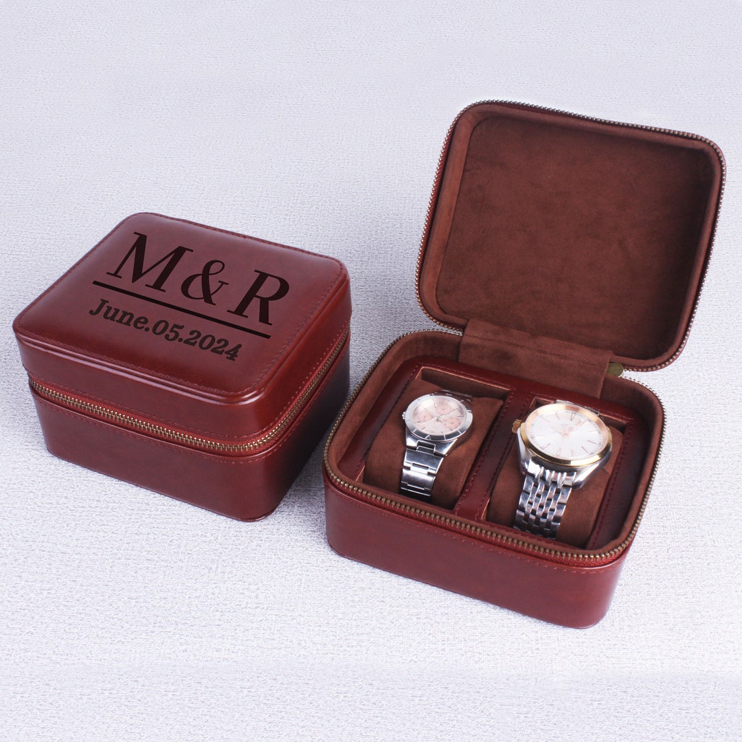 Personalized Leather Travel Watch Case, Holds 2 Watches, Zipper Watch ...