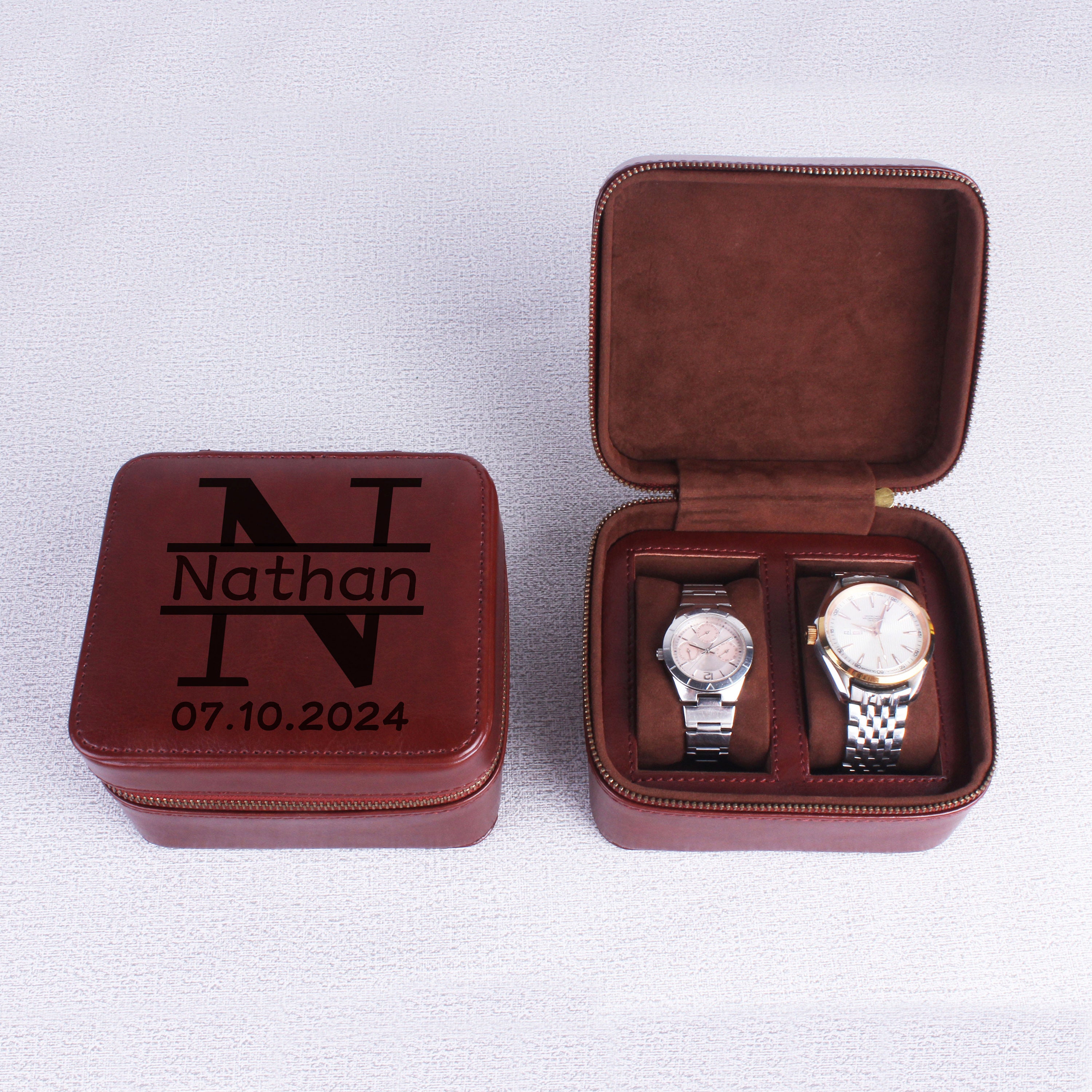 Personalized Leather Travel Watch Case, Holds 2 Watches, Zipper Watch ...