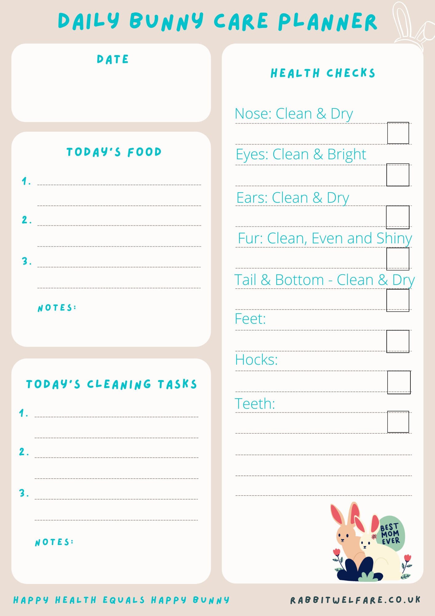 Rabbit Daily Care Planner Template Support a Rescue of Your Choosing ...