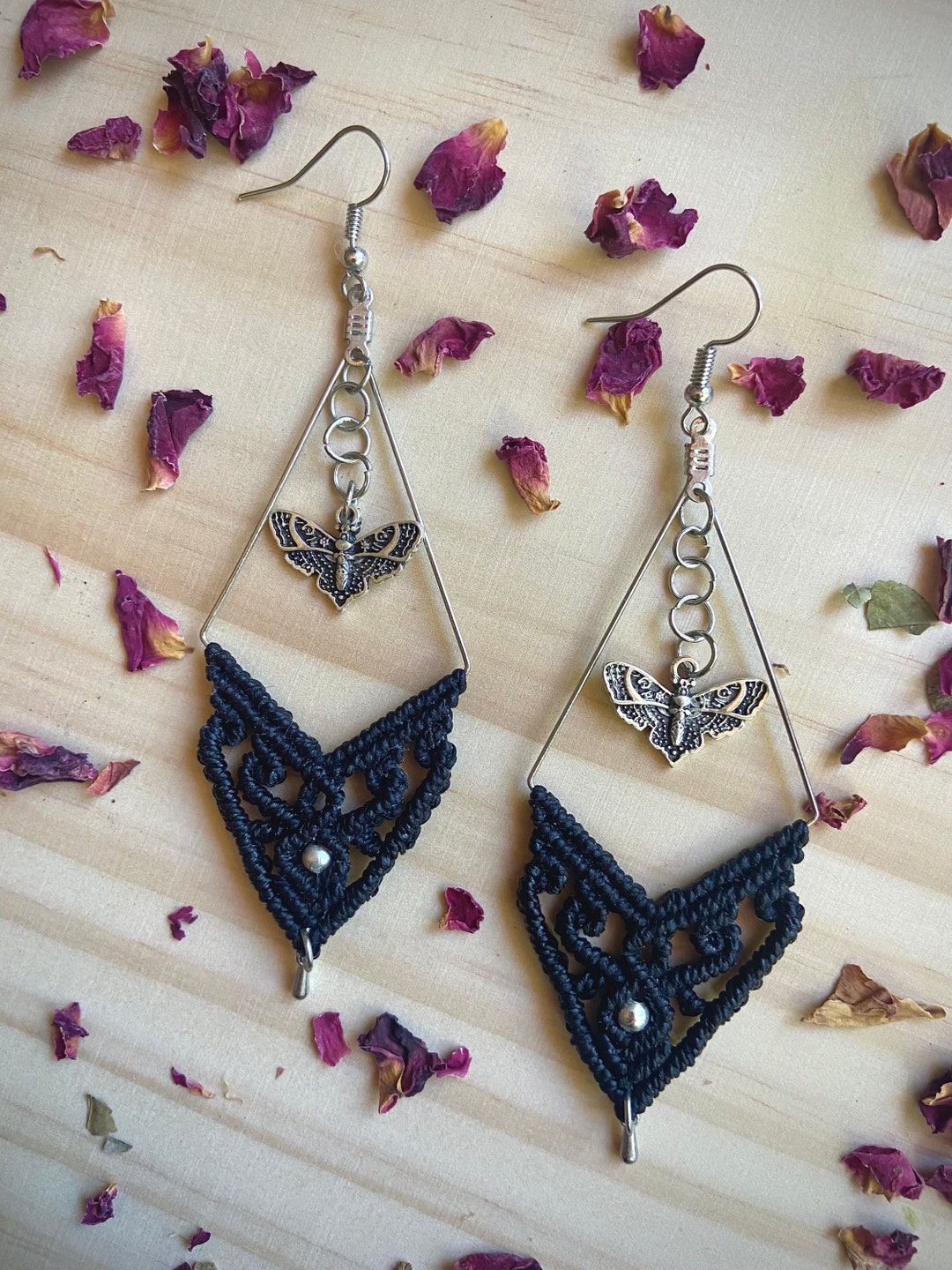 Customizable Macrame Boho Goth Moth Charm Gypsy Geometric Hoop Earrings ...