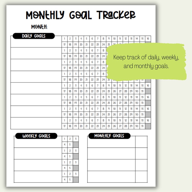Monthly Goal Tracker Instant Download - Etsy