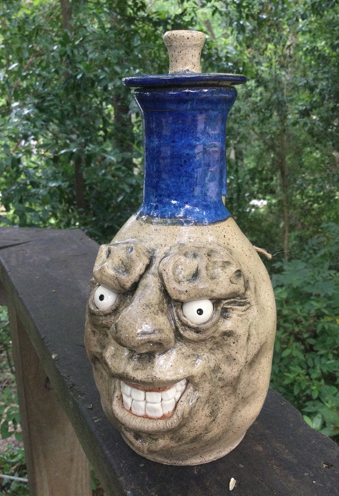 Southern Folk Art Face Jug: Sculpted Ceramic Pottery With Blue Top - Etsy