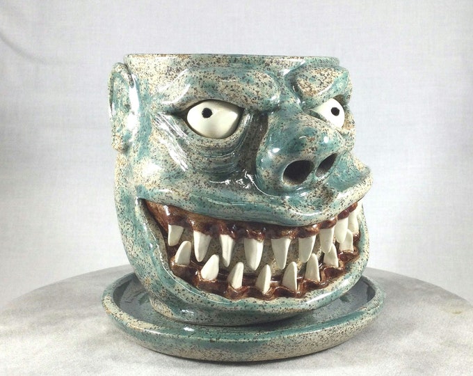 Planter With a Big Grin, Blue-green Face Jug, Southern Folk Art Face ...