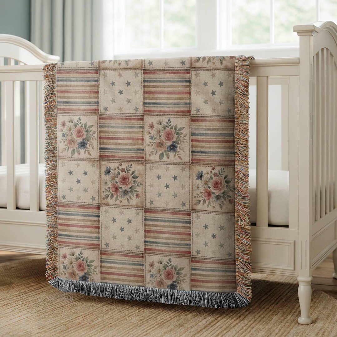 Americana Patchwork Woven Cotton Blanket, Vintage Cottage Americana ...