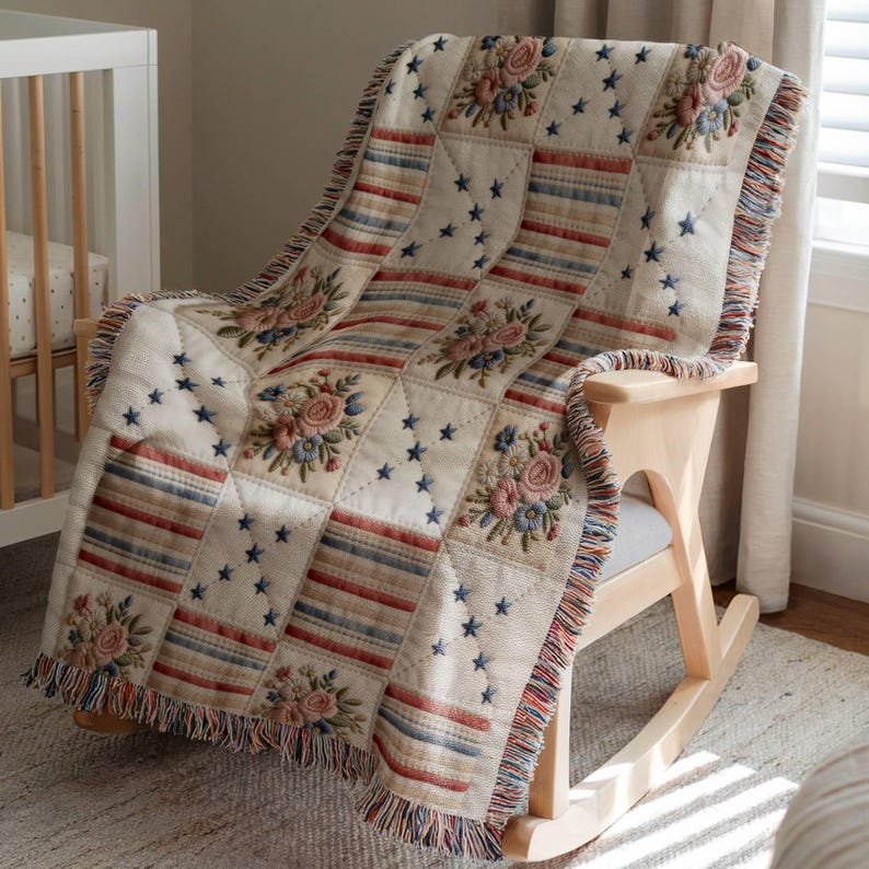 Americana Patchwork Woven Cotton Blanket, Vintage Cottage Americana ...