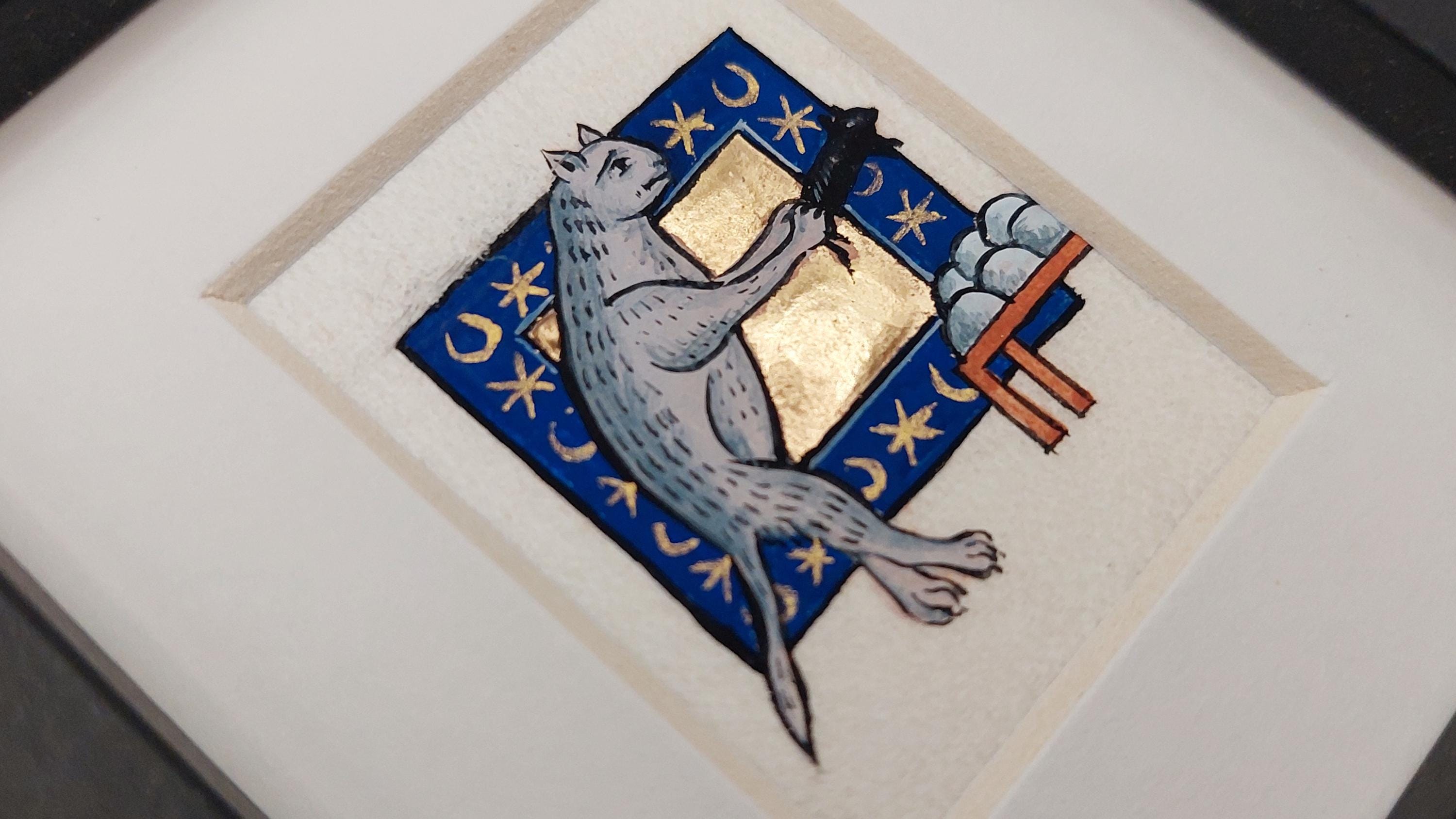 Medieval Cat Painting, Illuminated Manuscript Art, 24ct Gold Gilding ...