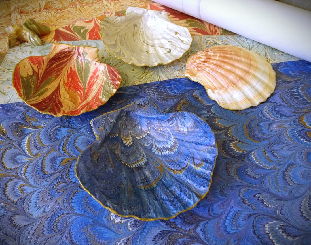 Decoupage Clam Shell Trinket Dish With Genuine Marbled Paper, Upcycle ...