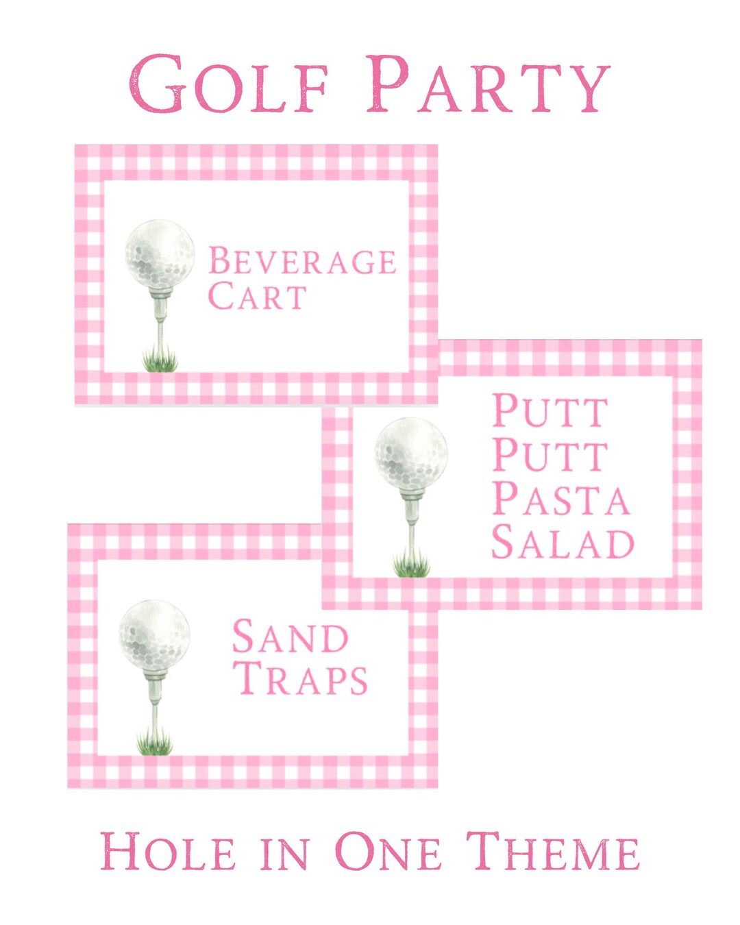 Golf Par-tee Food Cards: Pink Gingham, Hole in One Theme (digital ...